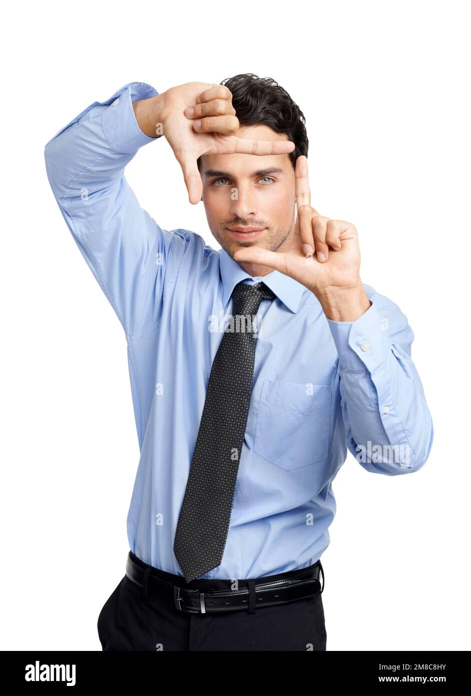 Portrait, businessman and finger frame on studio background for profile ...