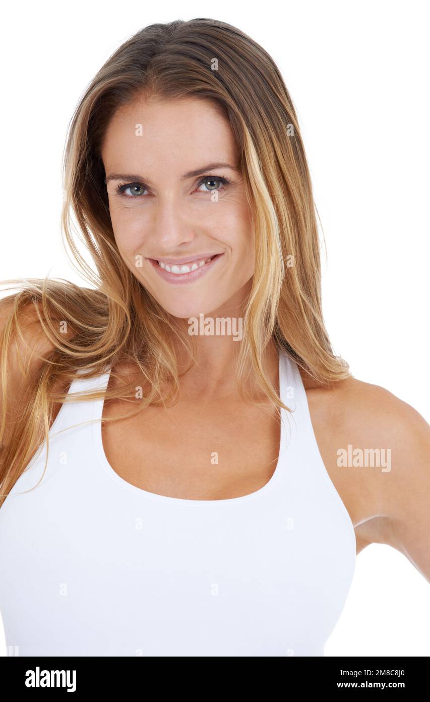 Happy, woman and portrait of a model isolated with a smile and natural ...