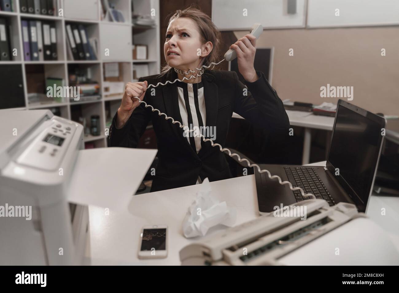 Office worker stressed. Overworked concept. Angry furious businesswoman ...