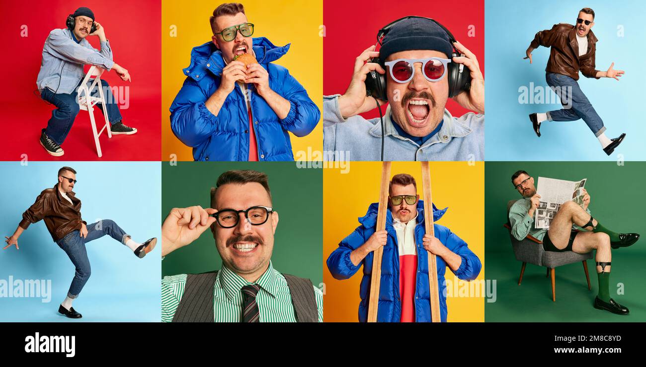 Collage. Portraits of handsome emotional man posing in different ...