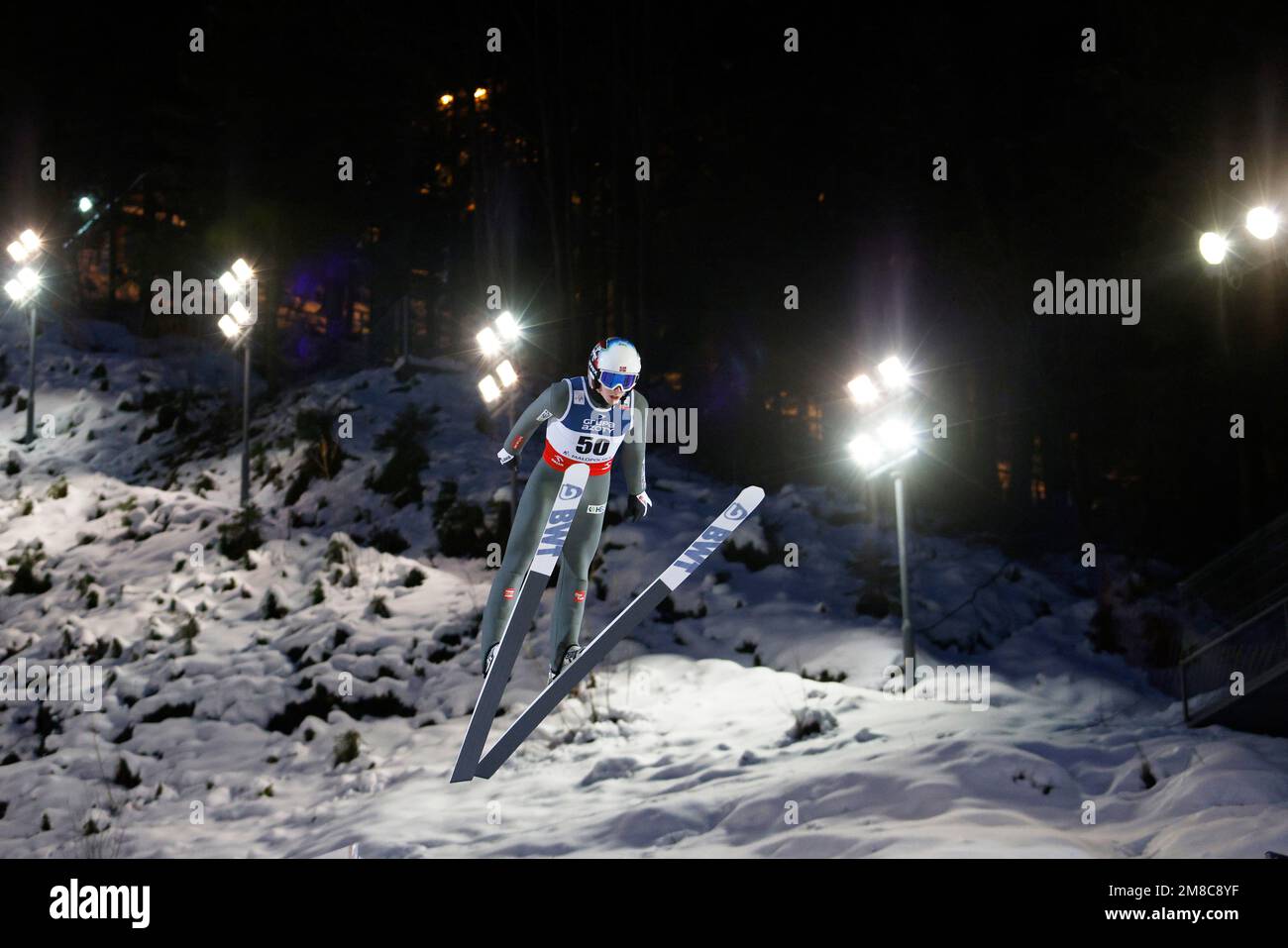 Halvor Egner Granerud, of Norway, soars through the air during training ...