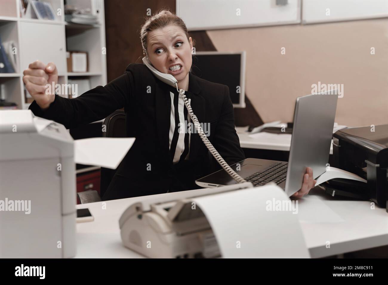 Office worker stressed. Overworked concept. Angry furious businesswoman ...