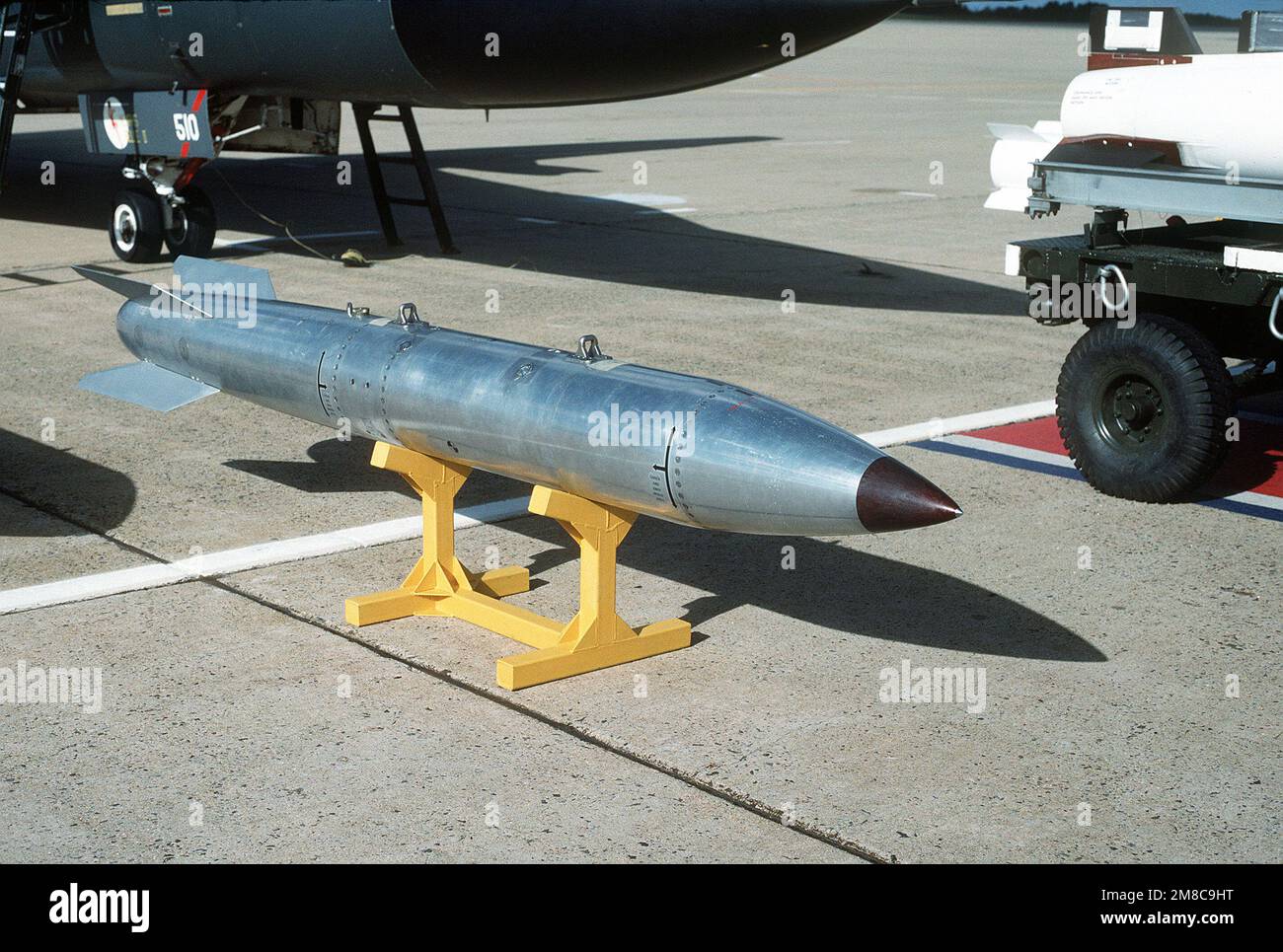 A view of a B-61 nuclear bomb trainer being shown at a static display ...