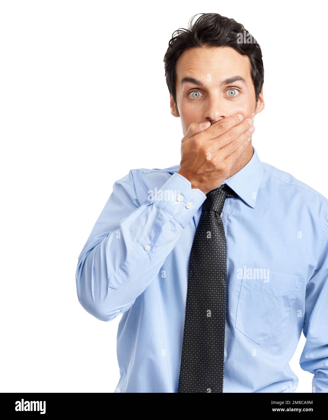 Businessman portrait, shocked or hand over mouth on studio background ...