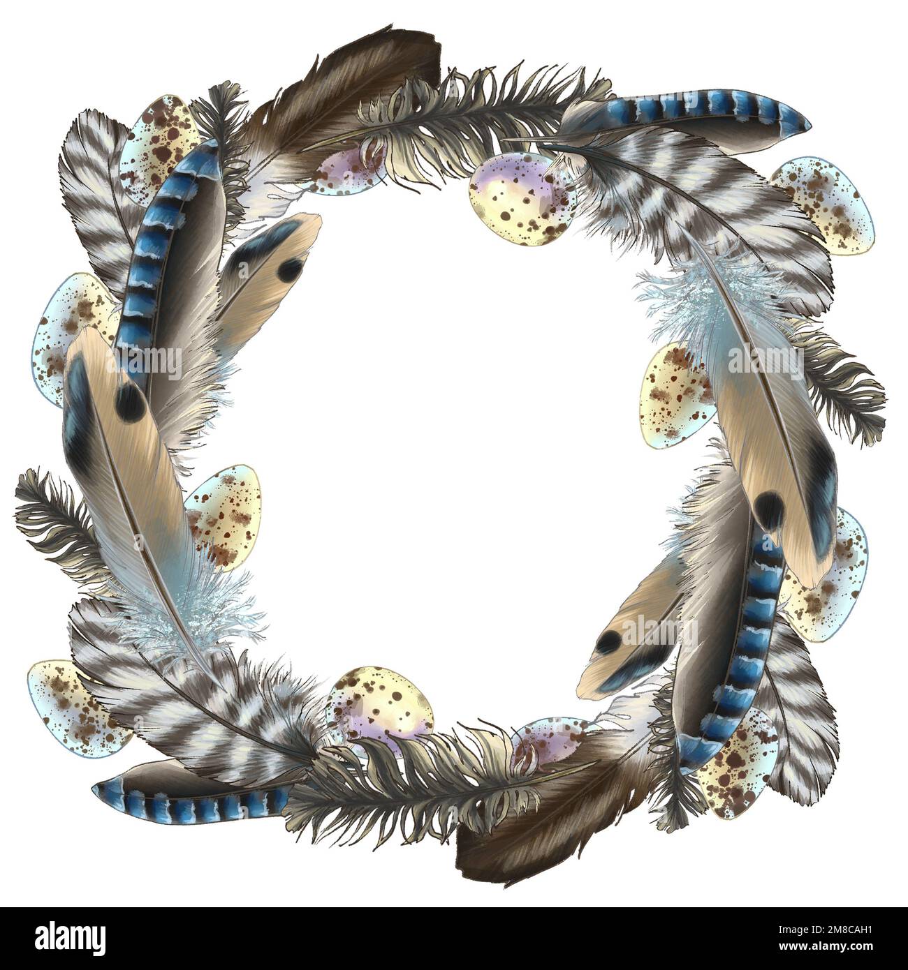 Beautiful feathers and eggs with spots and stripes in a harmonious ...