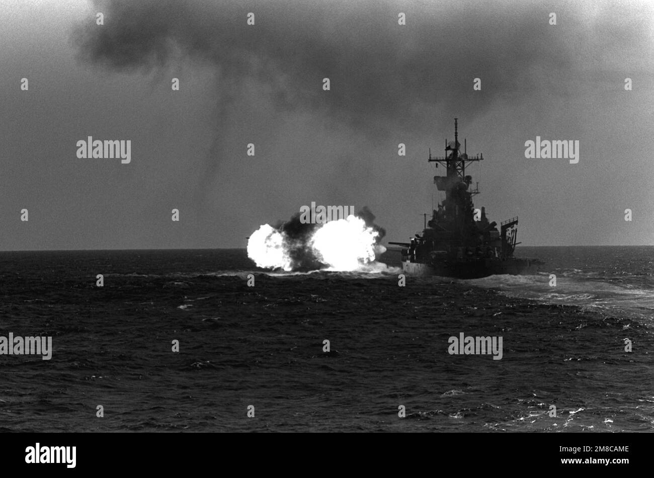 The battleship USS NEW JERSEY (BB-62) fires one of the turret No. 1 ...