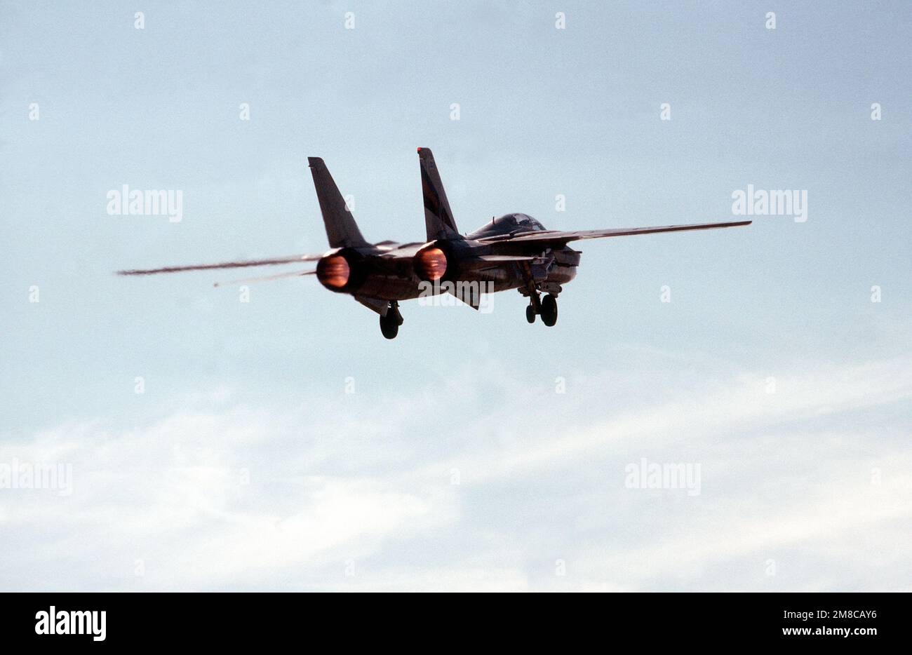 A right rear view of an F-14 A Tomcat aircraft of Fighter Squadron 154 ...