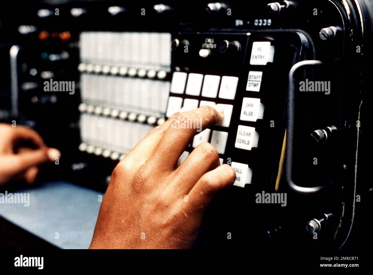 A close-up view of an SB-3614A telephone switchboard in use at the US ...