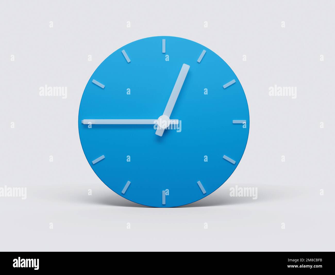 A 3D rendering of 12:45 o'clock on an blue clock isolated on a white ...