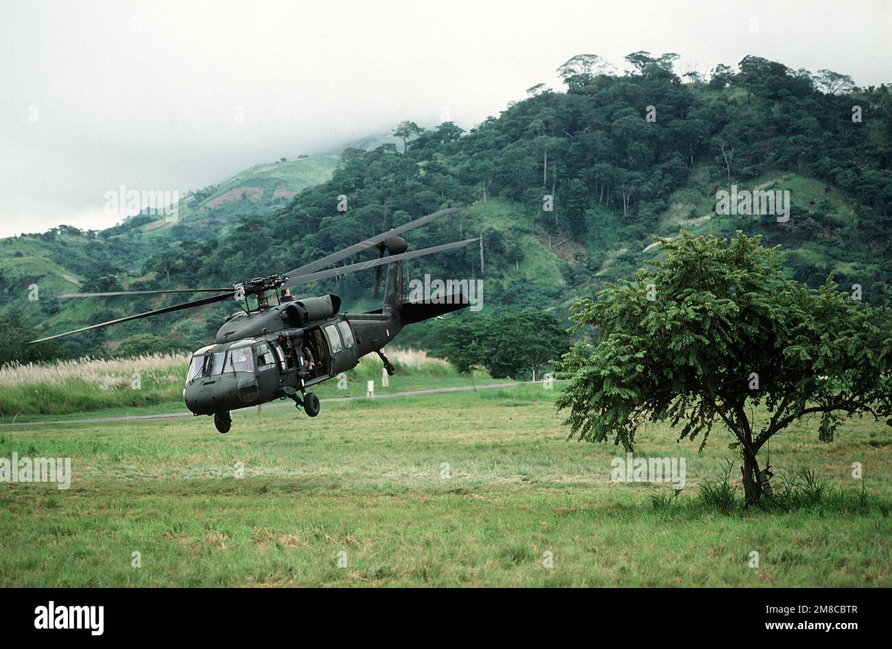 A UH-60 Black Hawk (Blackhawk) helicopter comes in to land in a field ...