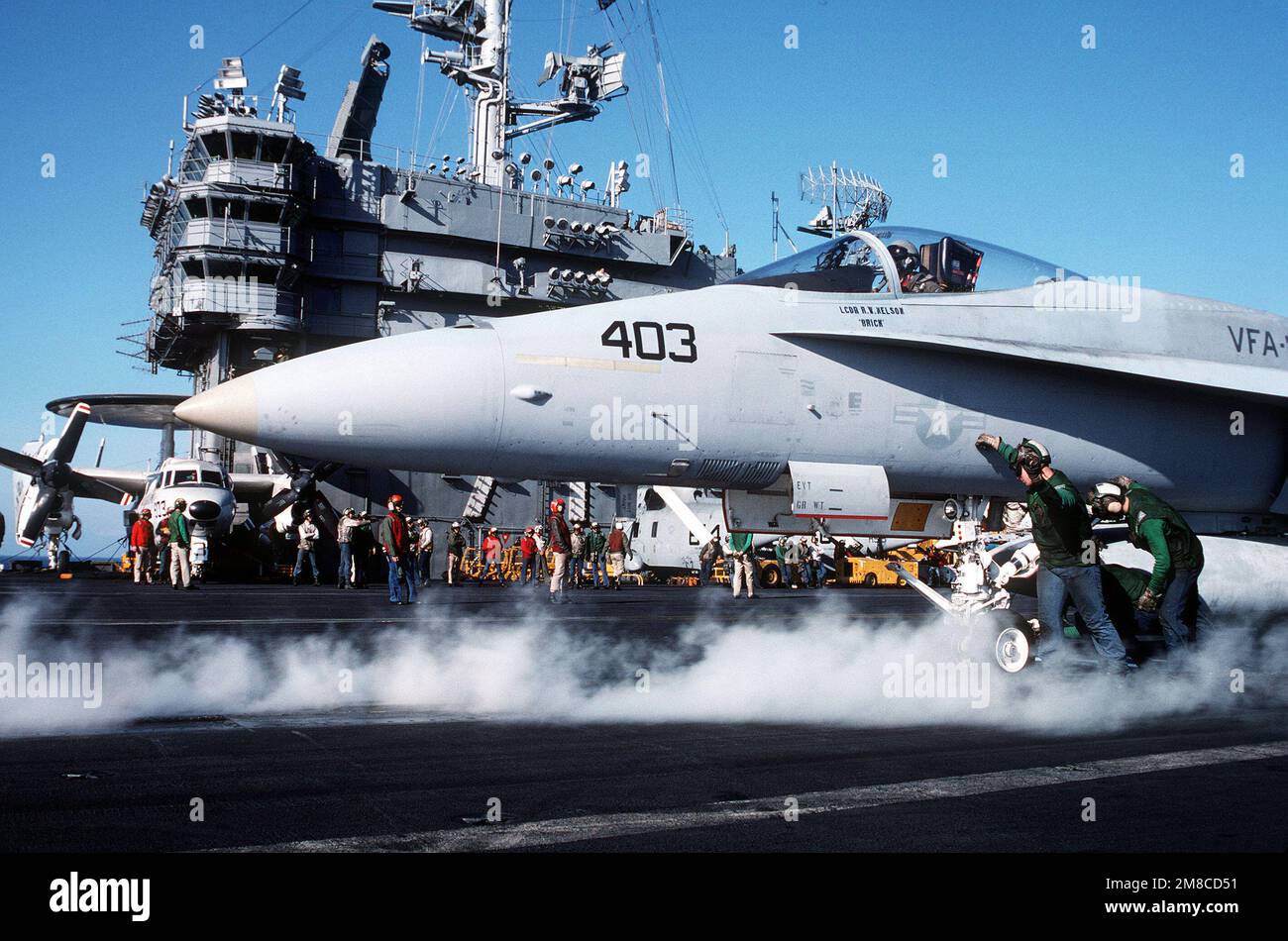 An F/A-18A Hornet aircraft from Strike Fighter Squadron 82 (VFA-82) is ...