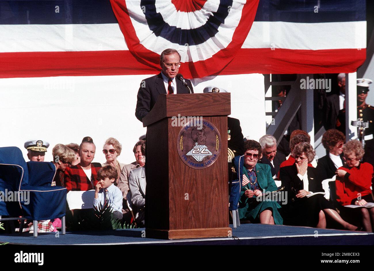 H. Lawrence Garrett III, secretary of the Navy, speaks during the ...