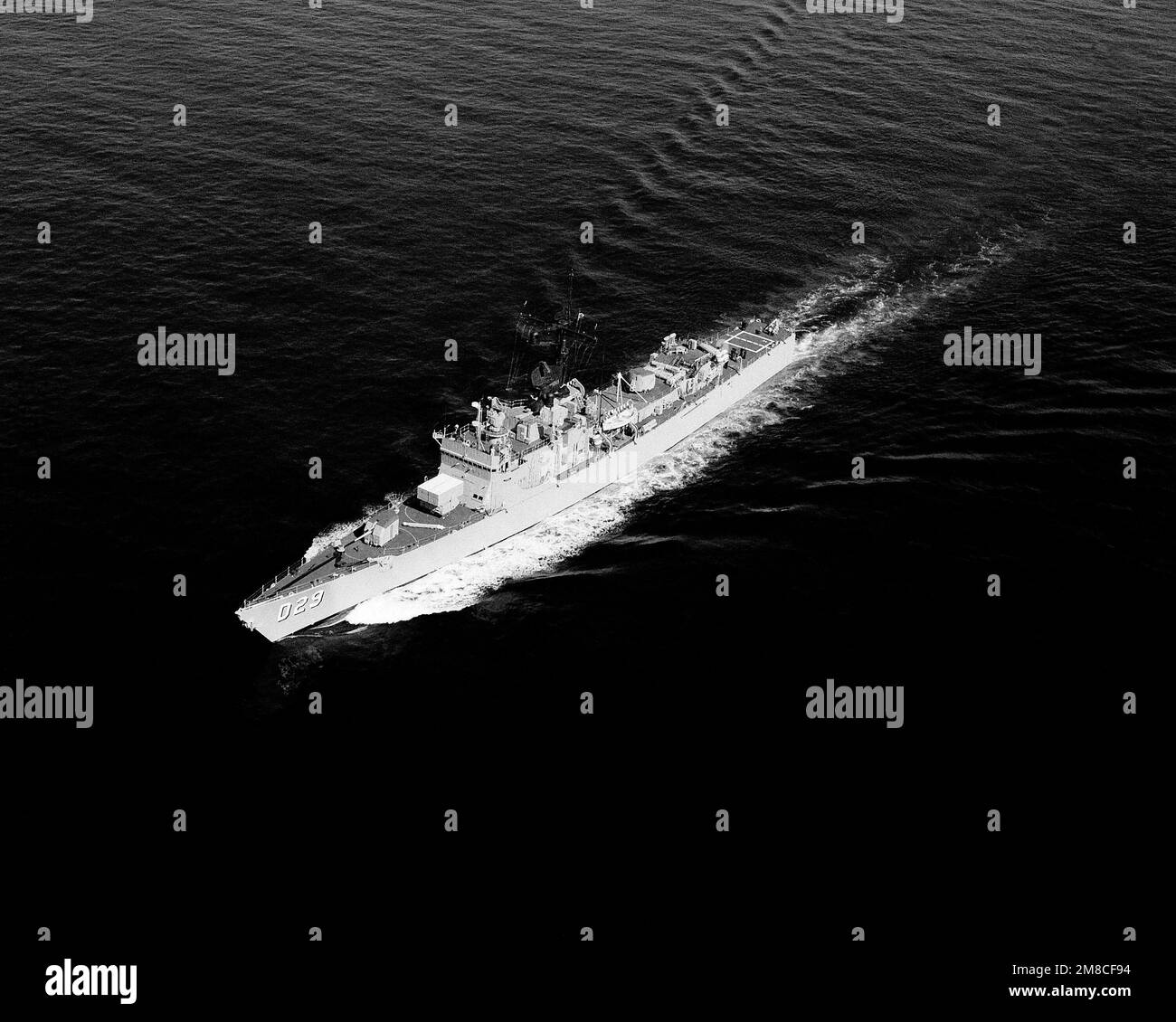 An aerial port bow view of the Brazilian destroyer CT PARANA (D-29 ...