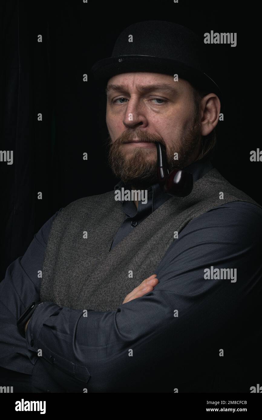 stylish man in retro outfit suit hat smoking wooden pipe sherlock ...