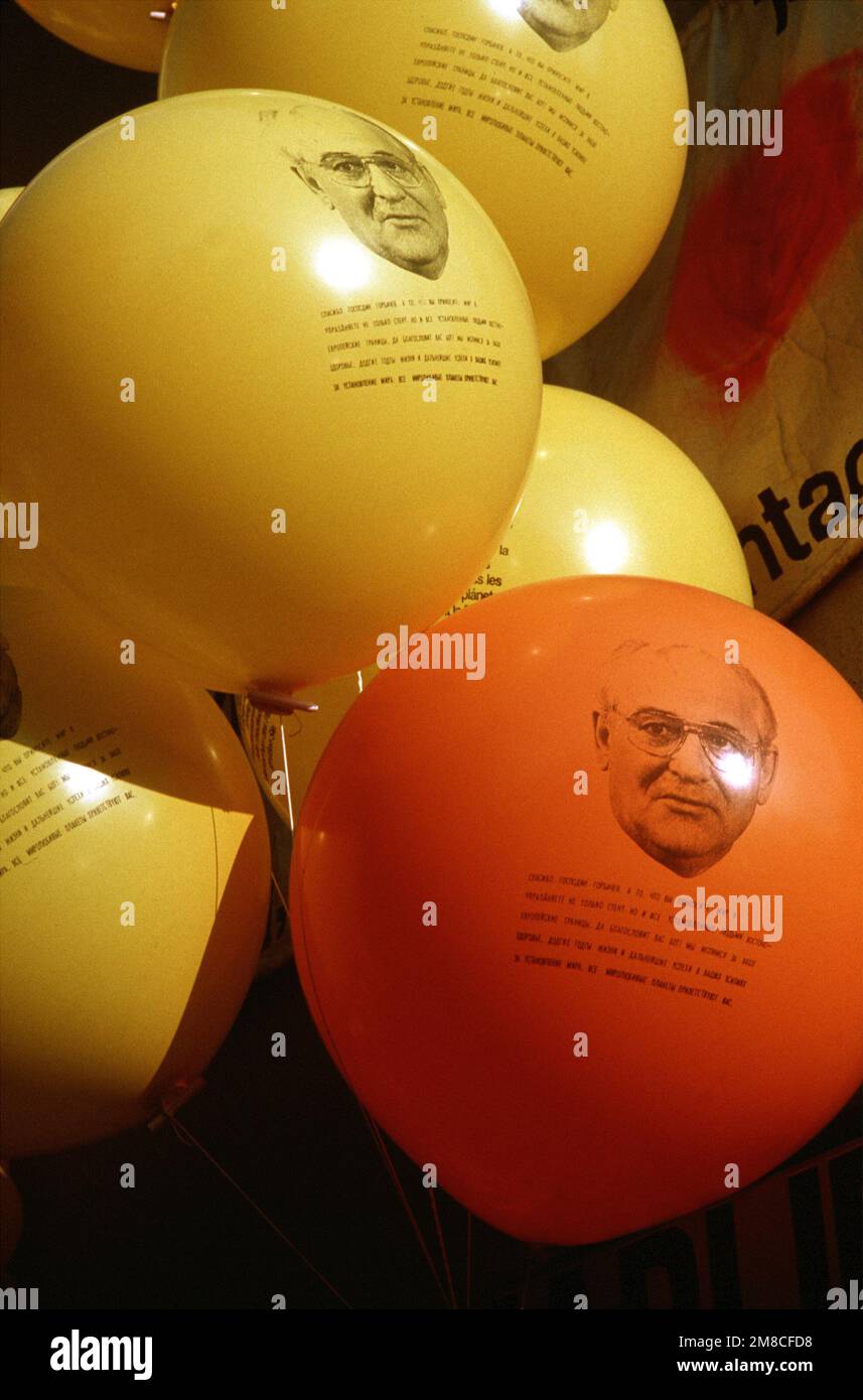 Balloons honoring Soviet President Mikhail Gorbachev for his ...