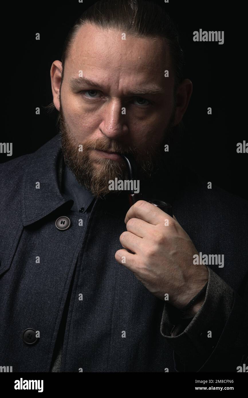 stylish man in retro outfit suit hat smoking wooden pipe sherlock ...