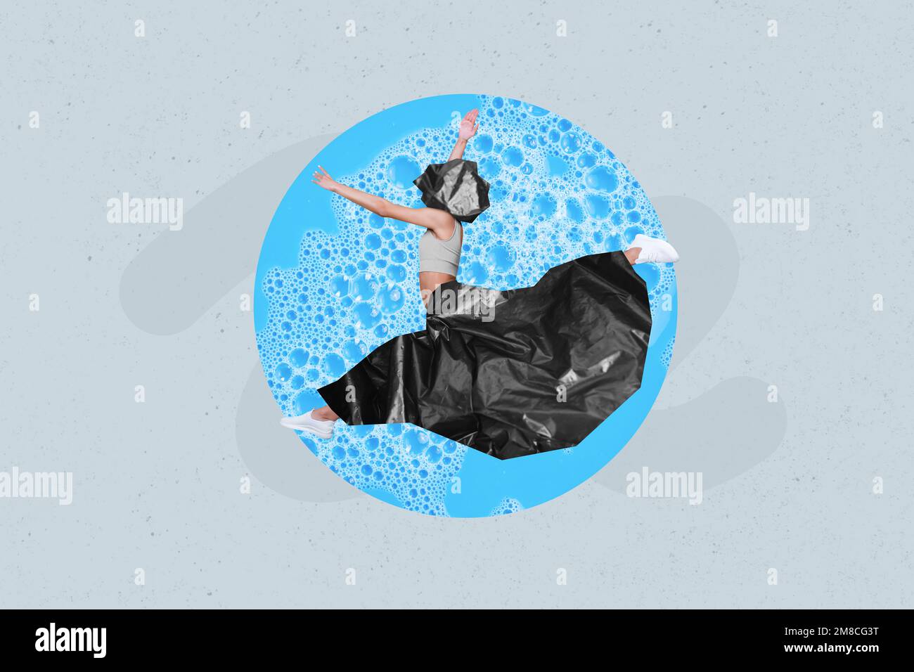 Collage photo banner of young jump air lady wear plastic skirt headless ...