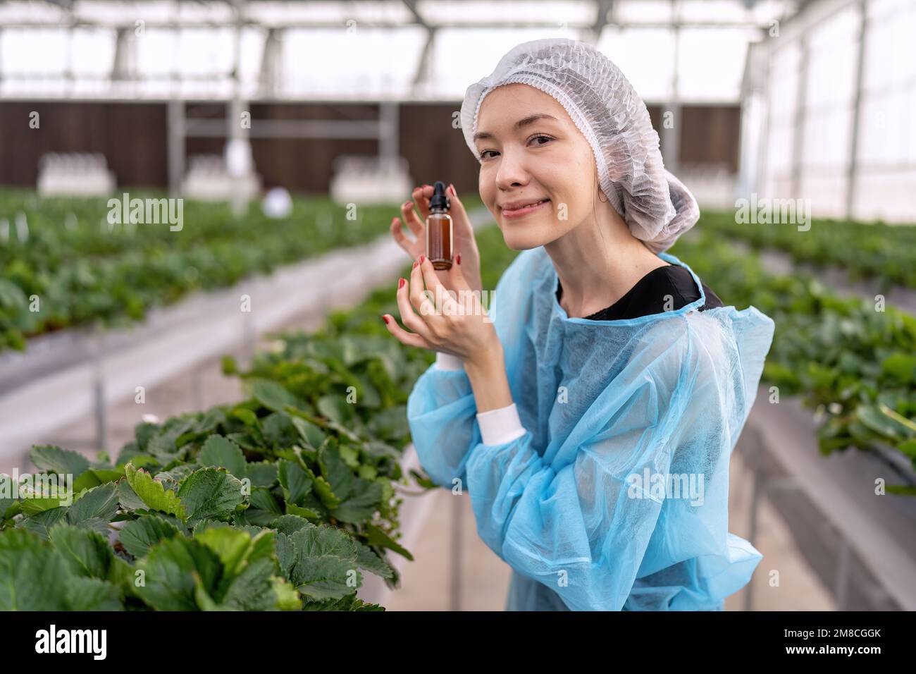 Doctor nutritionist in greenhouse farming proudly showing bottle of ...