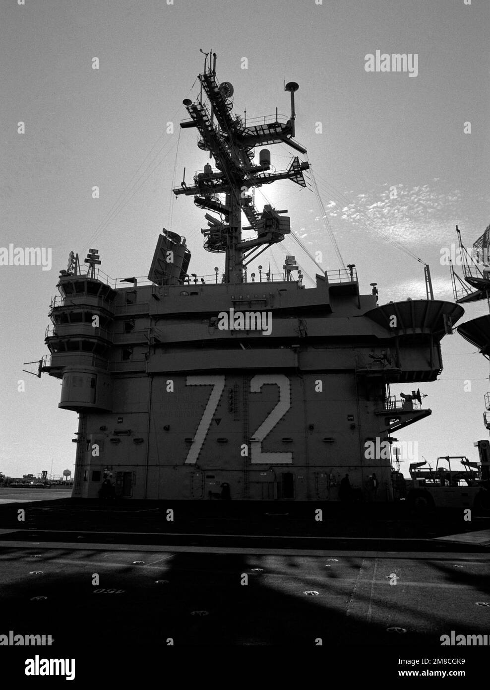 A view of the port side of the island structure aboard the nuclear ...