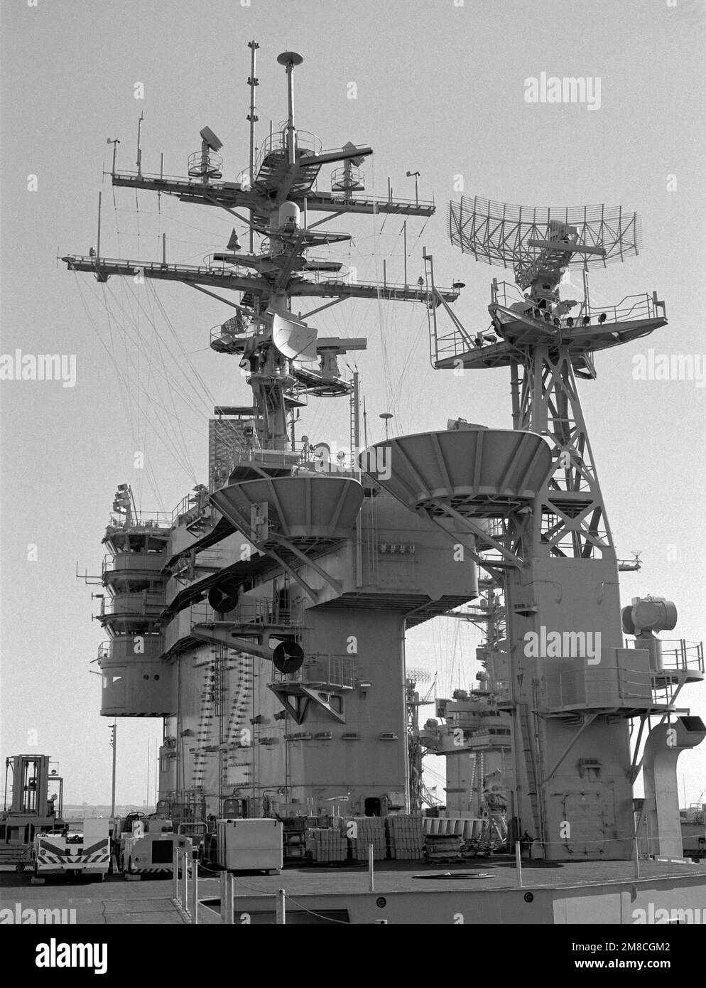 A view of the island structure aboard the nuclear-powered aircraft ...