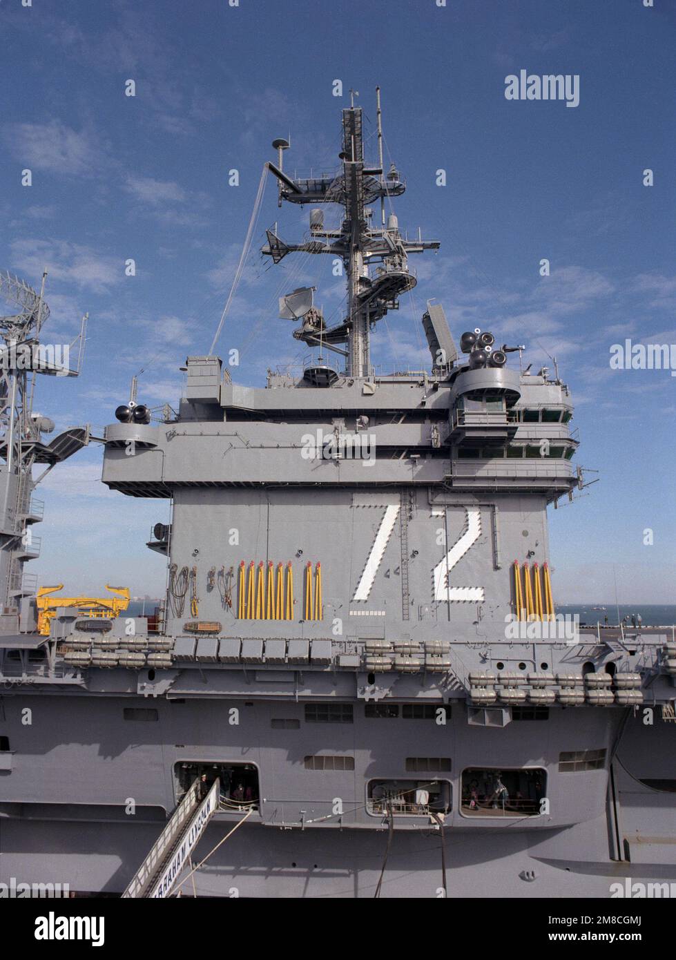 A view of the starboard side of the island structure aboard the nuclear ...