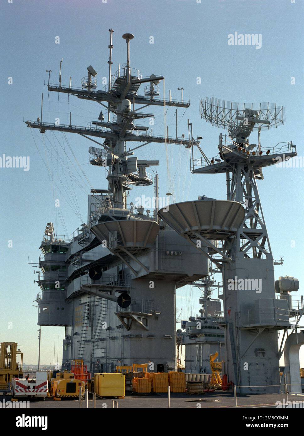 A view of the island structure aboard the nuclear-powered aircraft ...