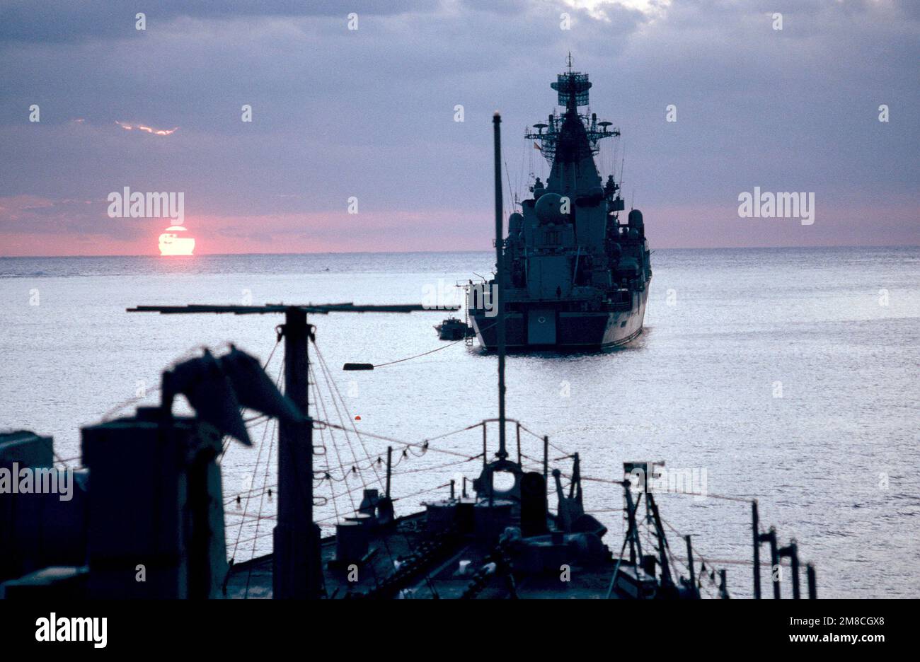 A view of the Soviet guided missile cruiser SLAVA as seen from the bow ...