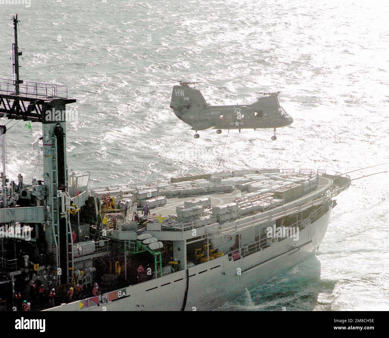 A UH-46 Sea Knight helicopter of Helicopter Combat Support Squadron 6 ...