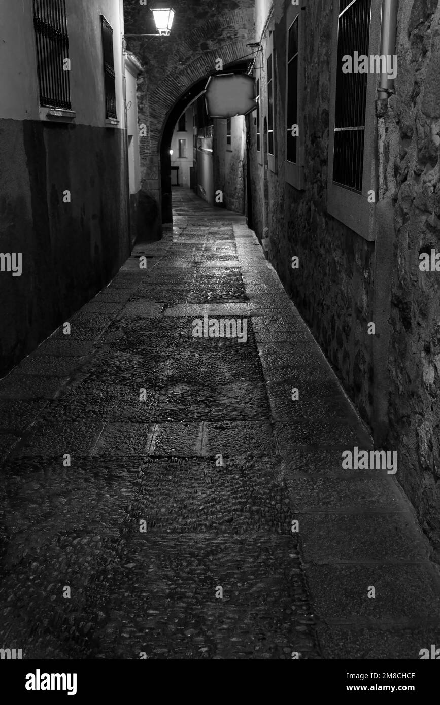 Arenillas street. Typical medieval street in the old town of Plasencia ...
