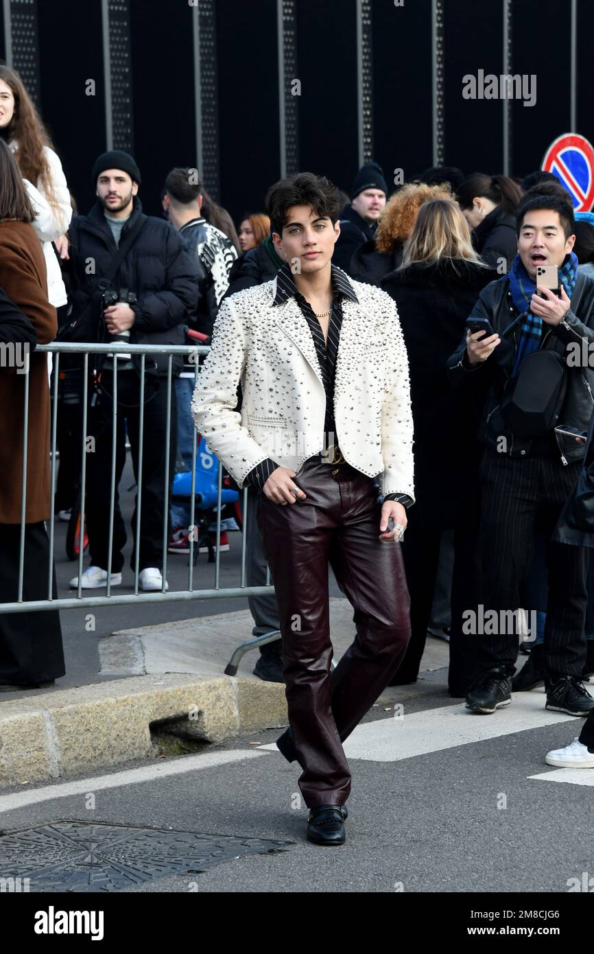 Milan, Italy. 13th Jan, 2023. Milan, Guests arrive Gucci fashion show ...