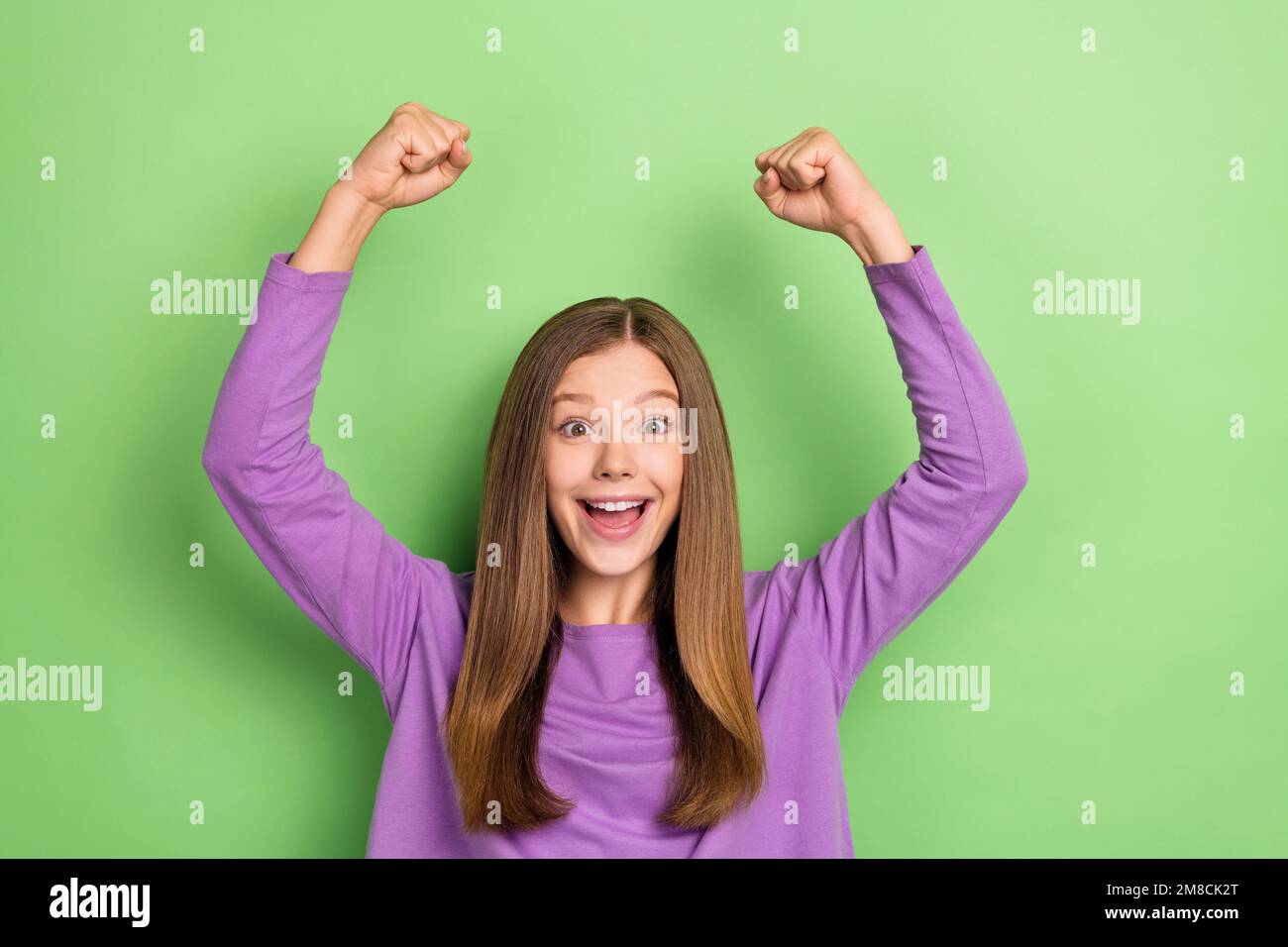 Photo of cheerful glad lady wear stylish purple outfit rejoice sale ...