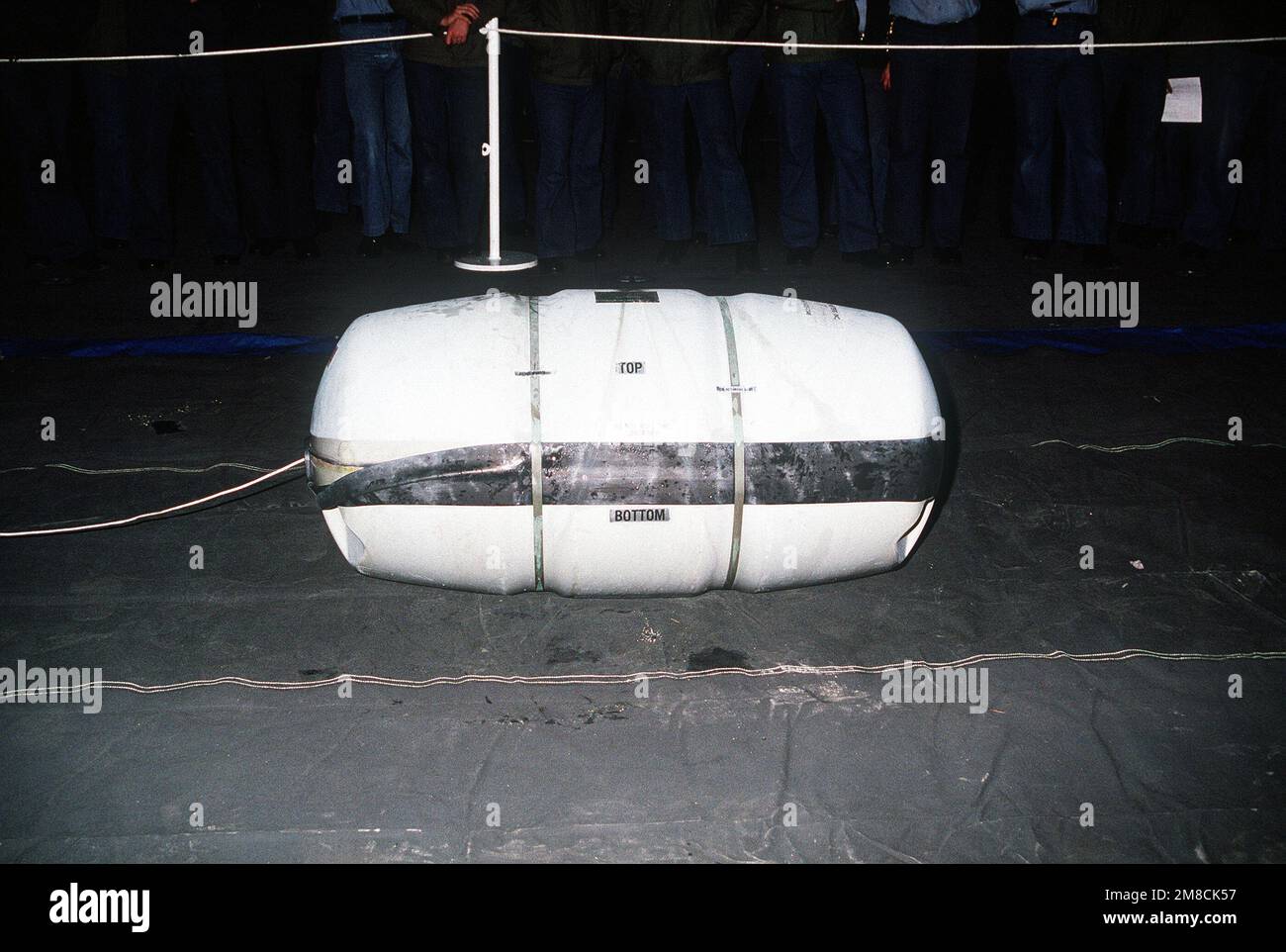 A close-up view of an inflatable lifeboat in its container prior to a ...