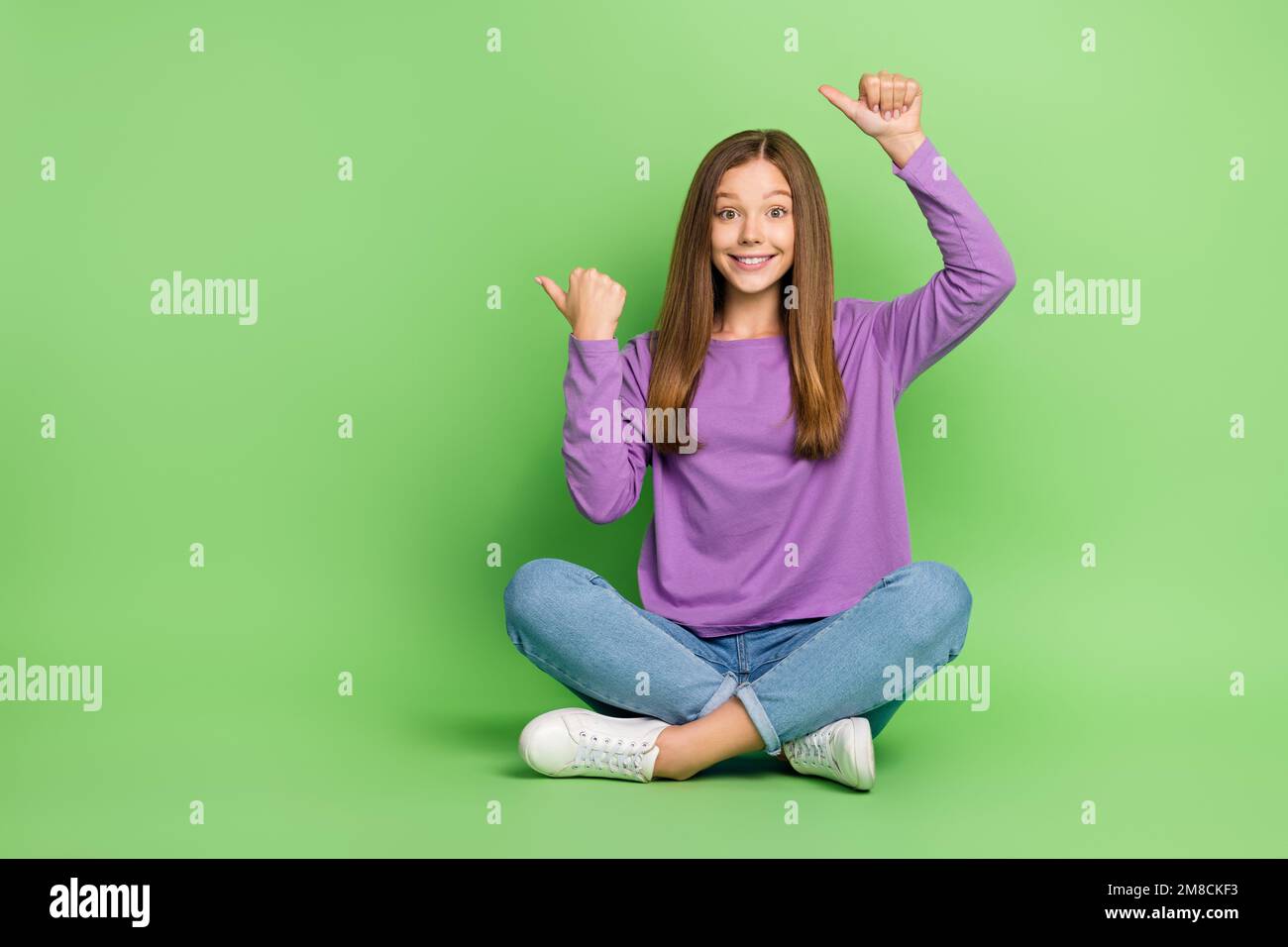 Full size photo of optimistic cute girl with long hairstyle dressed ...