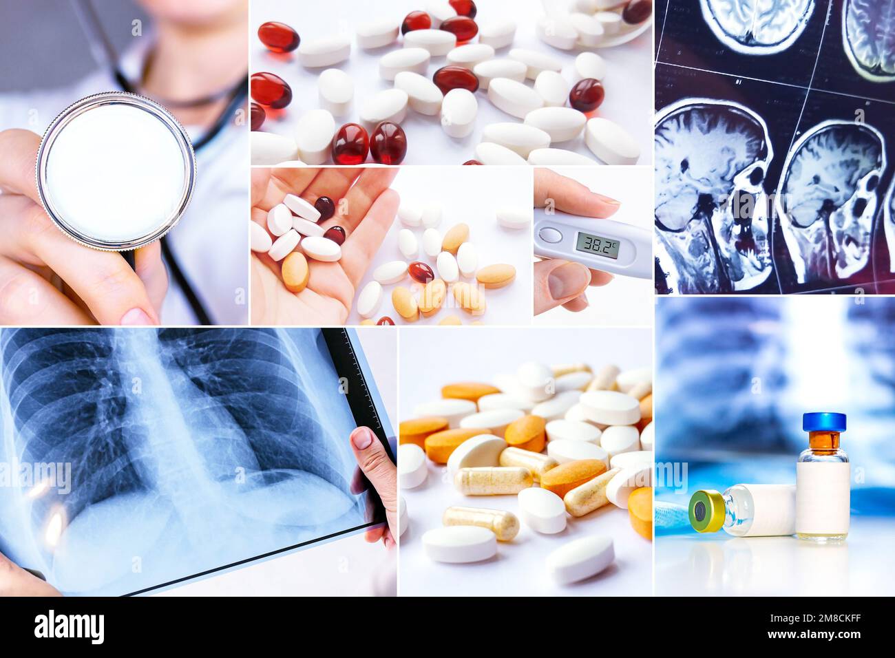 Many medical photos with pills, mri scans and diagnostic tools as a ...