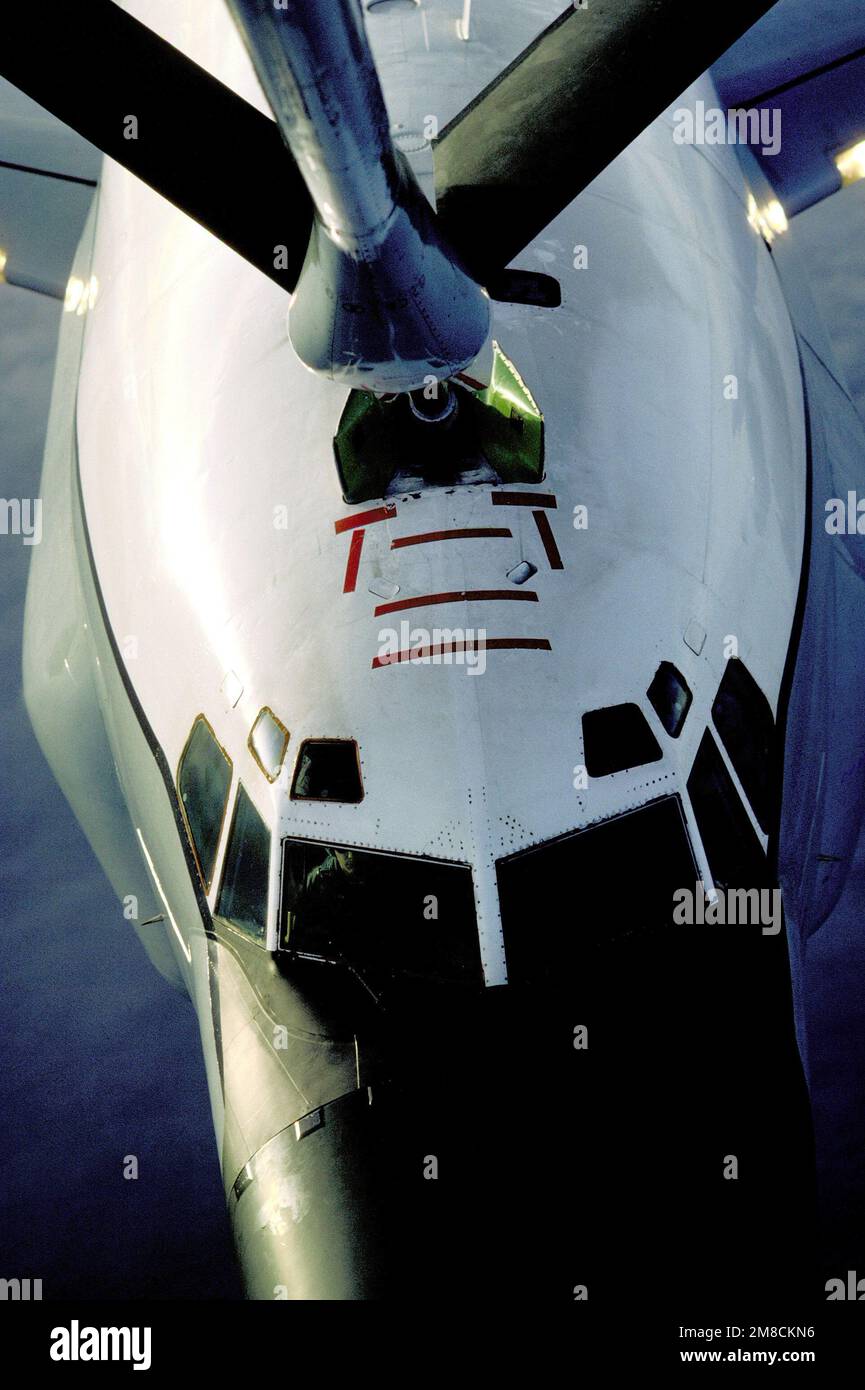 A partial view from a KC-135R Stratotanker aircraft boom operator's ...