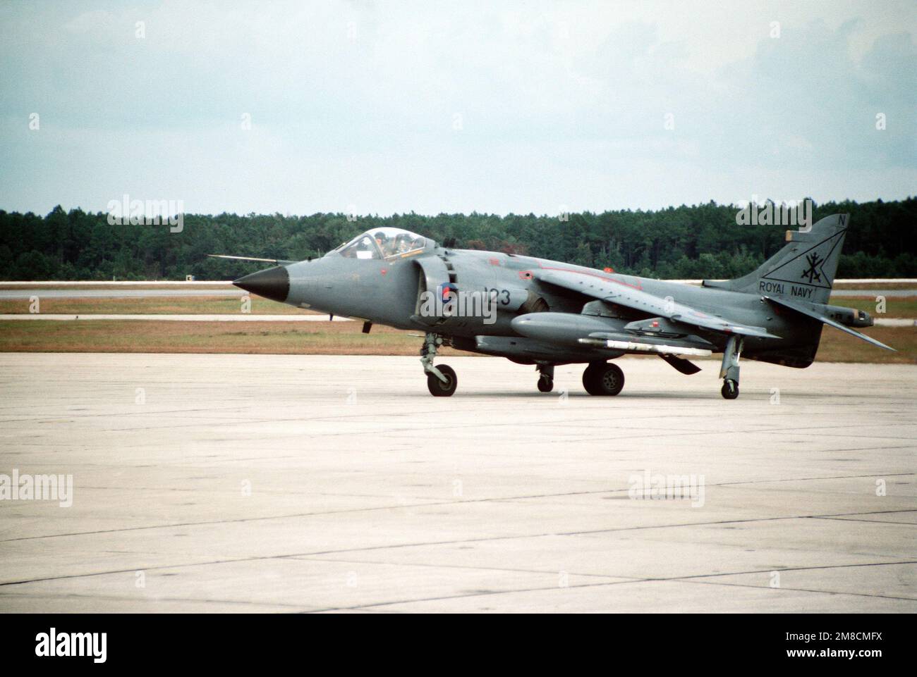 A Sea Harrier FRS. Mark 1 aircraft of the Royal Navy stands on the ...