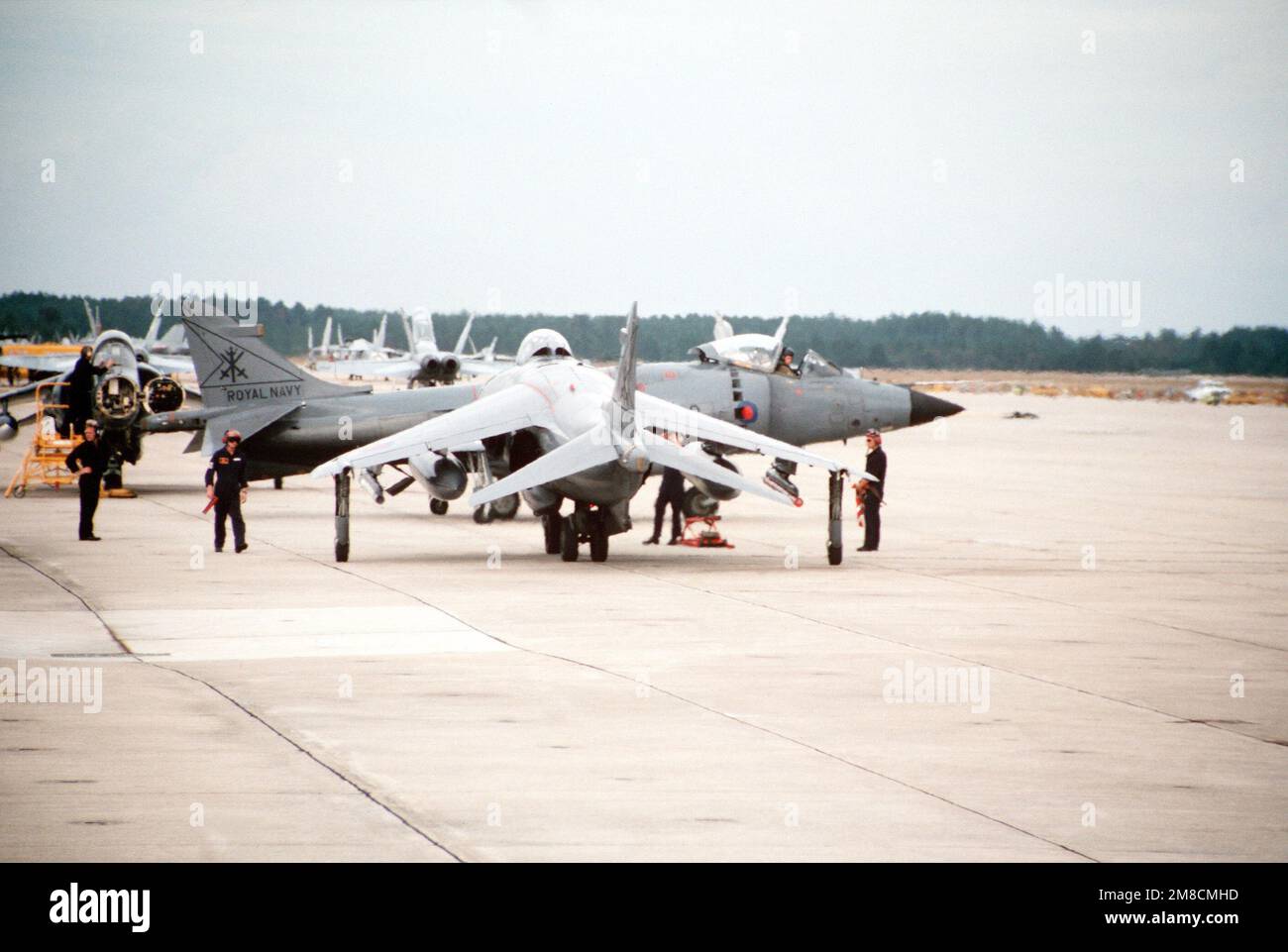 Ground crew members conduct preflight checks of Sea Harrier FRS. Mark 1 ...