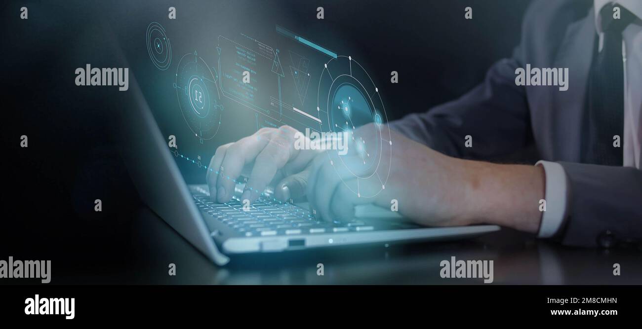 Hands typing on keyboard and virtual infographic data Stock Photo - Alamy