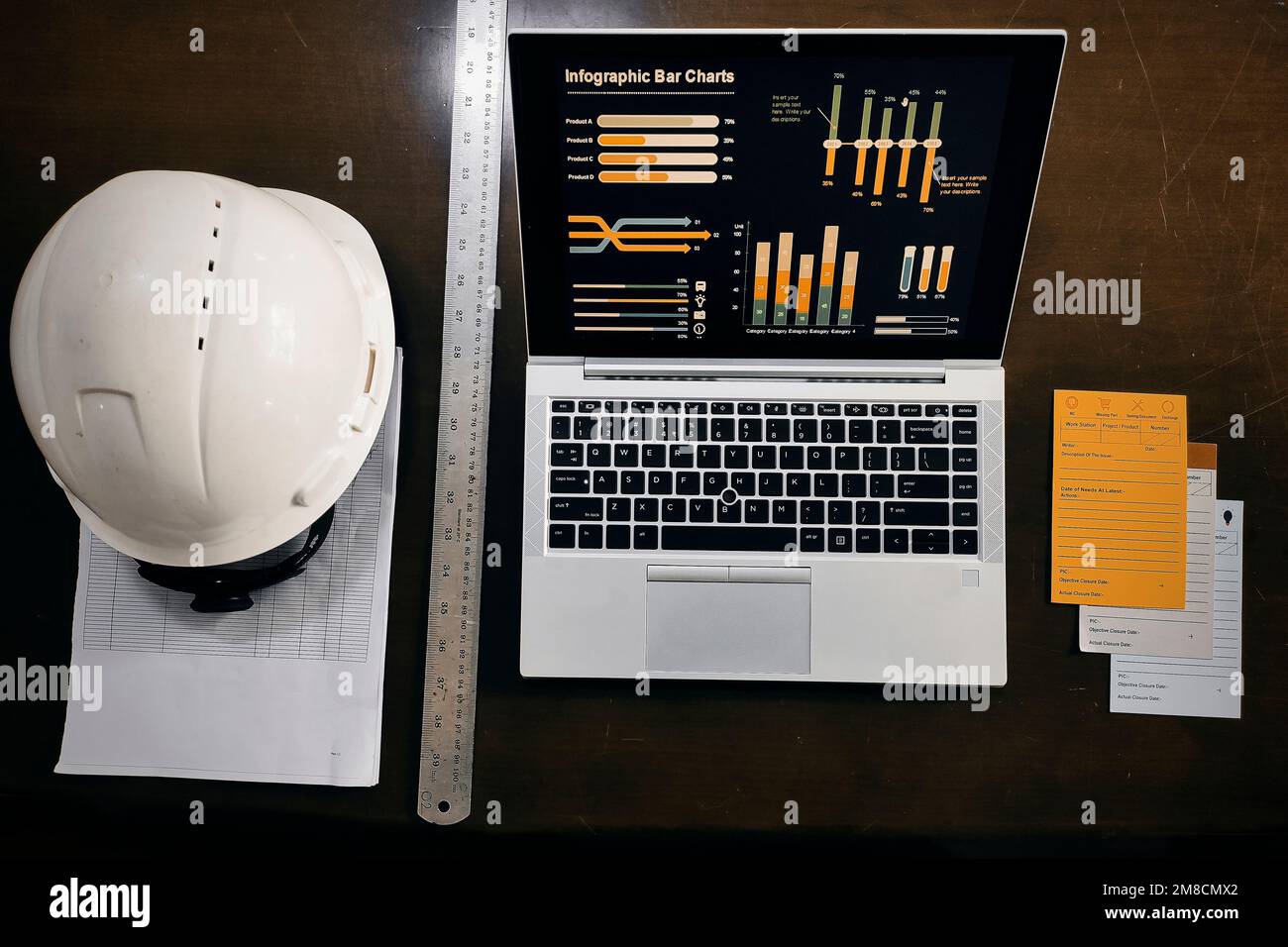 Office workplace with laptop desktop notes to paper on a wooden ...