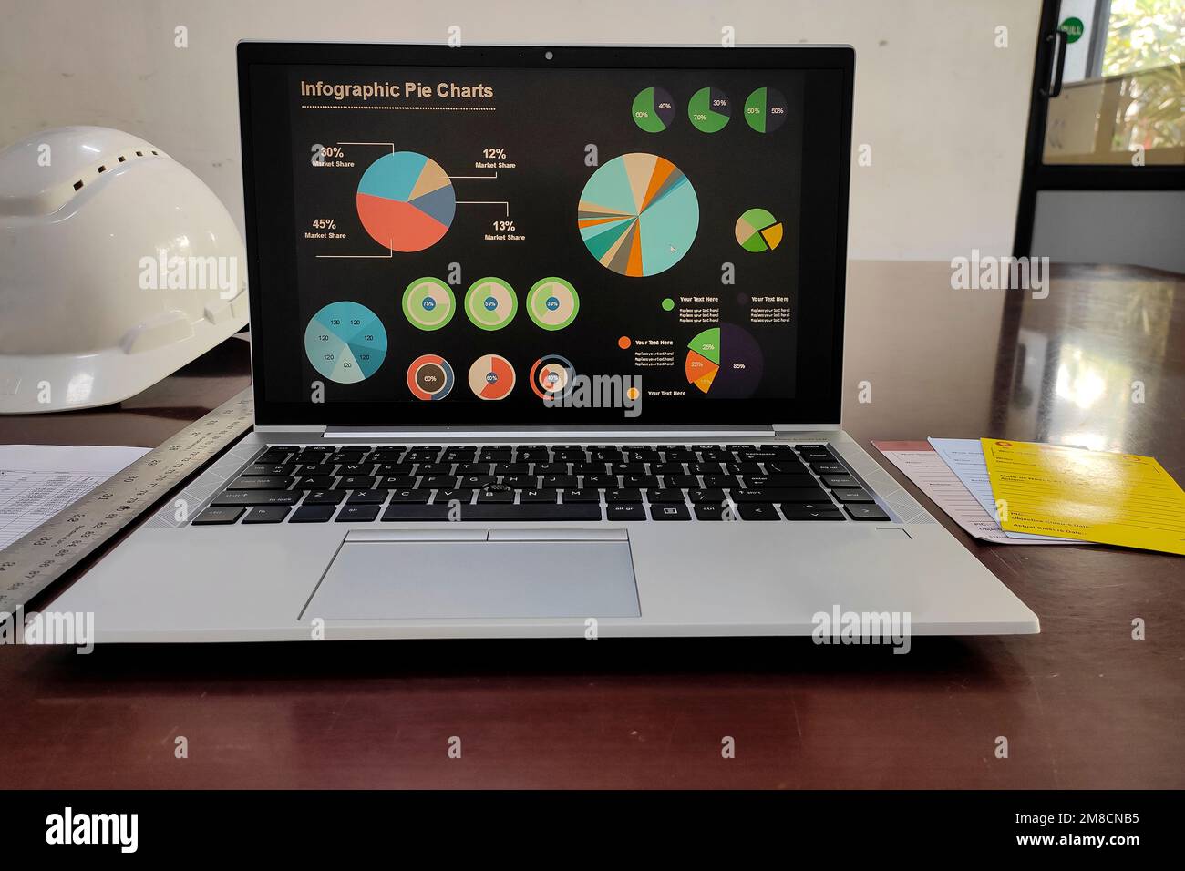 Office workplace with laptop desktop notes paper on a wooden business ...