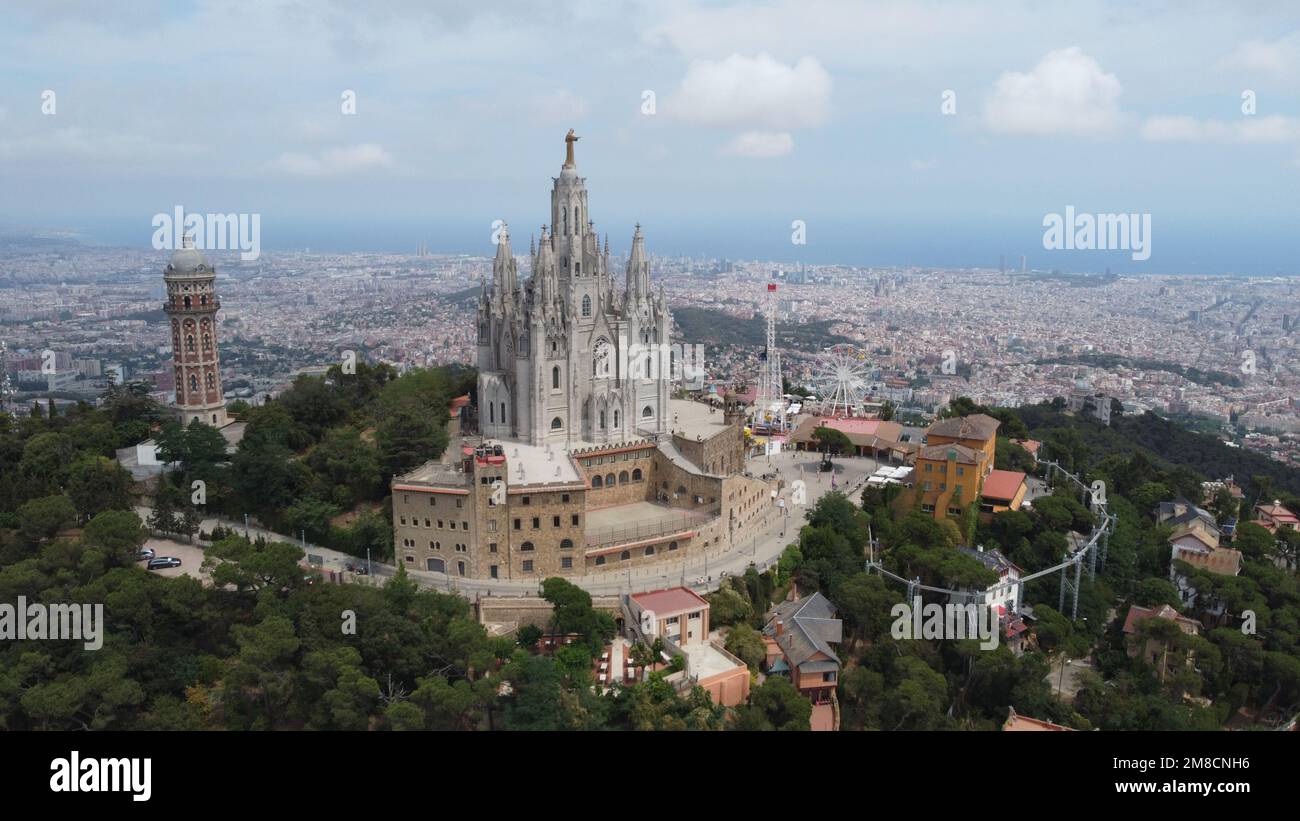 An aerial view of Temple of the Sacred Heart of Jesus in Barcelona ...