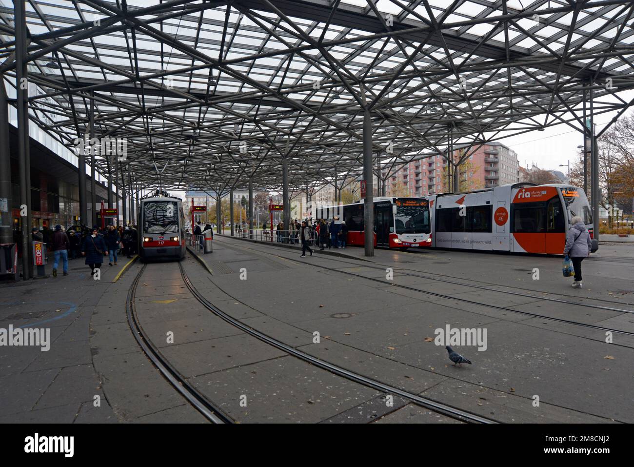 People wiating for trams at the Praterstern tram stop near the famous ...