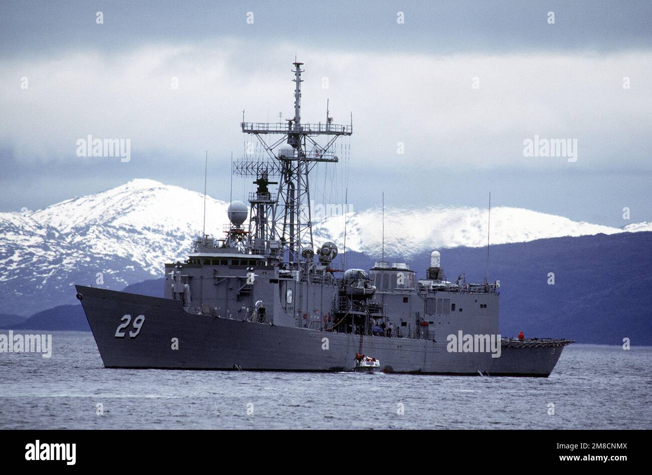 A port view of the guided missile frigate USS STEPHEN W. GROVES (FFG-29 ...