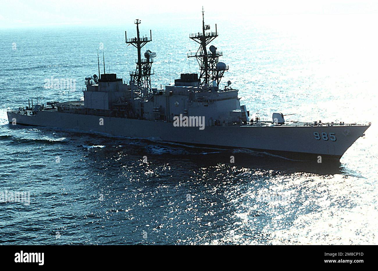 A starboard bow view of the destroyer USS CUSHING (DD-984) underway ...
