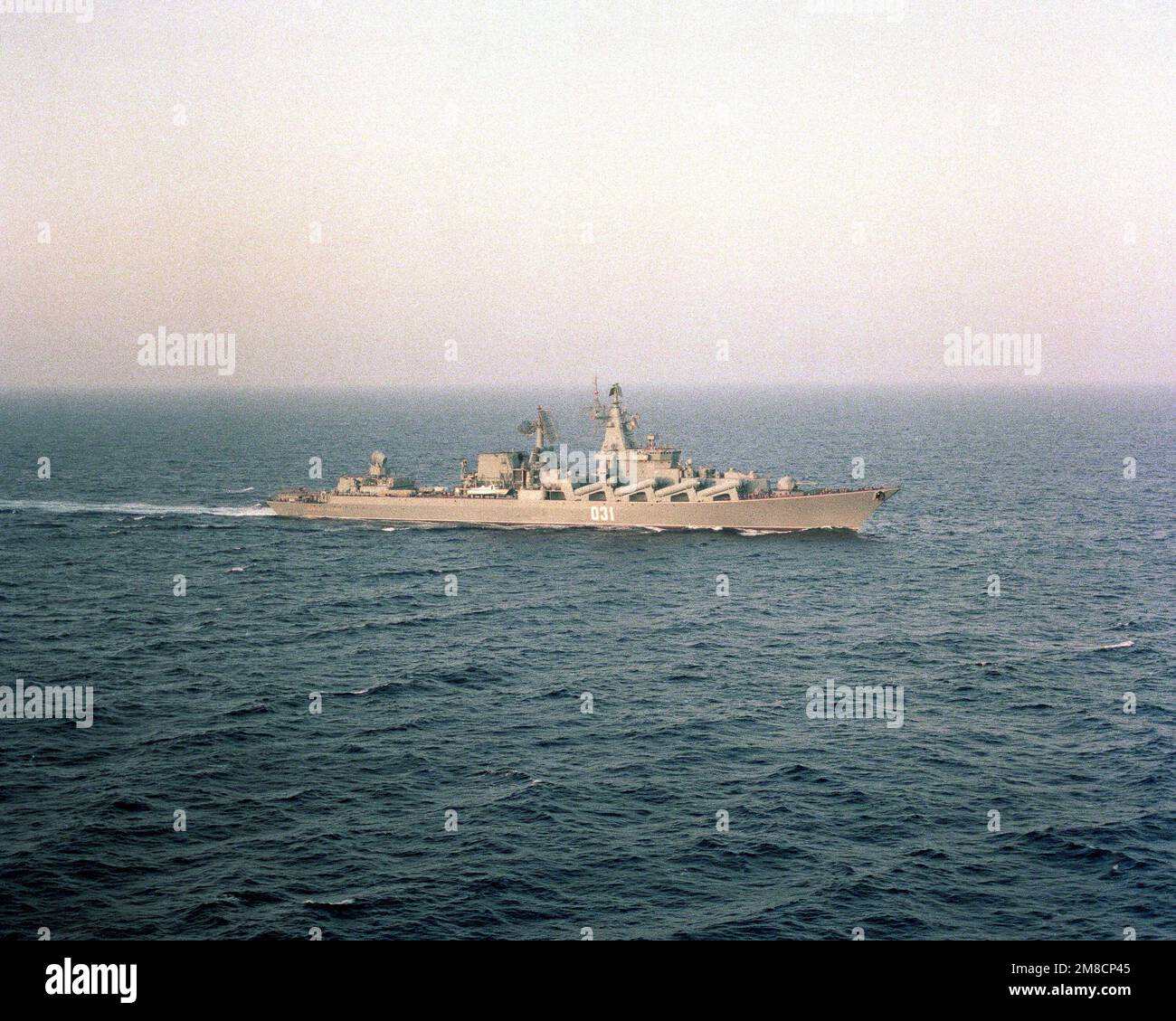 A starboard beam view of the Soviet Slava class guided missile cruiser ...
