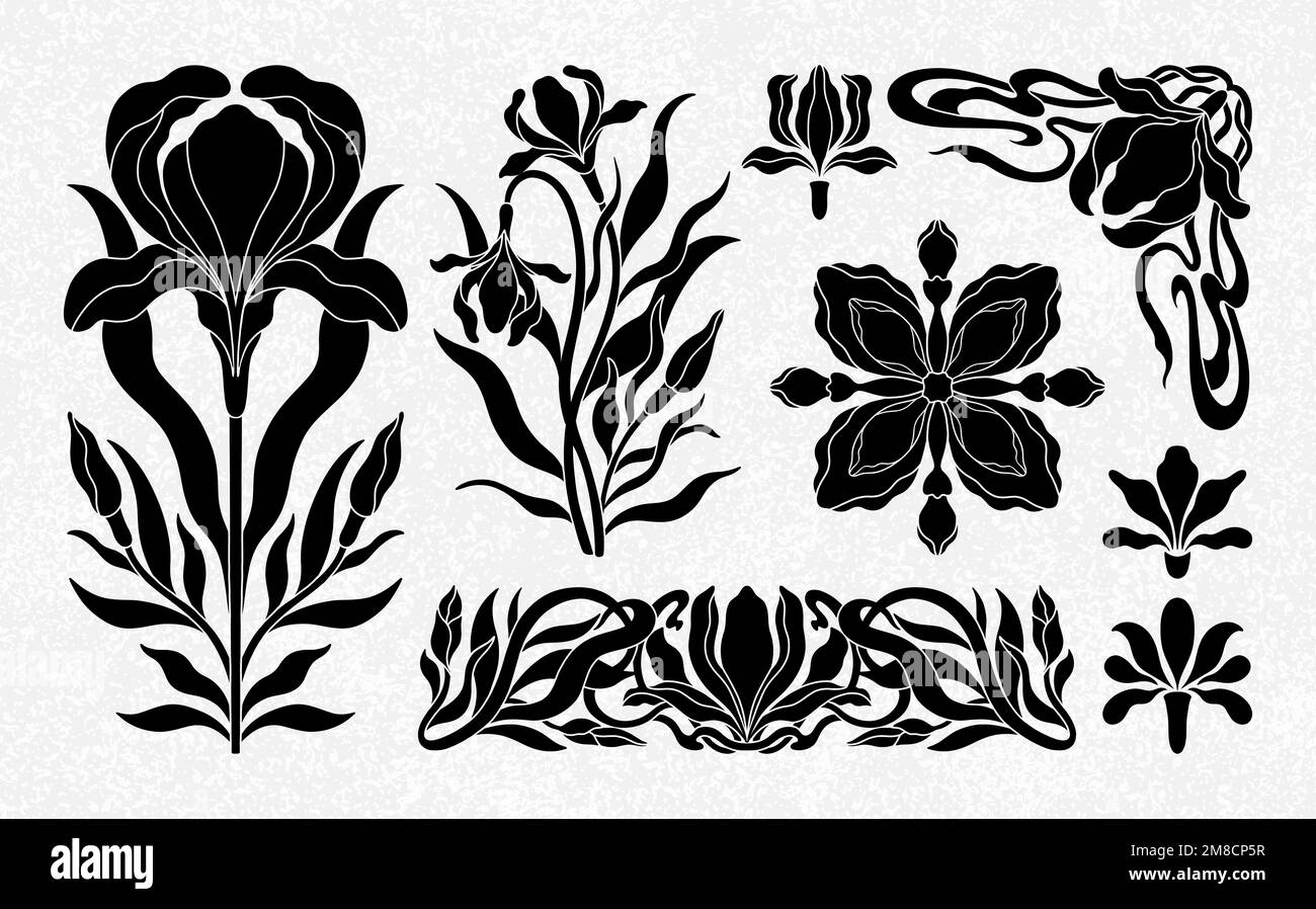 Floral iris set in art nouveau 1920-1930. Hand drawn in a linear style ...