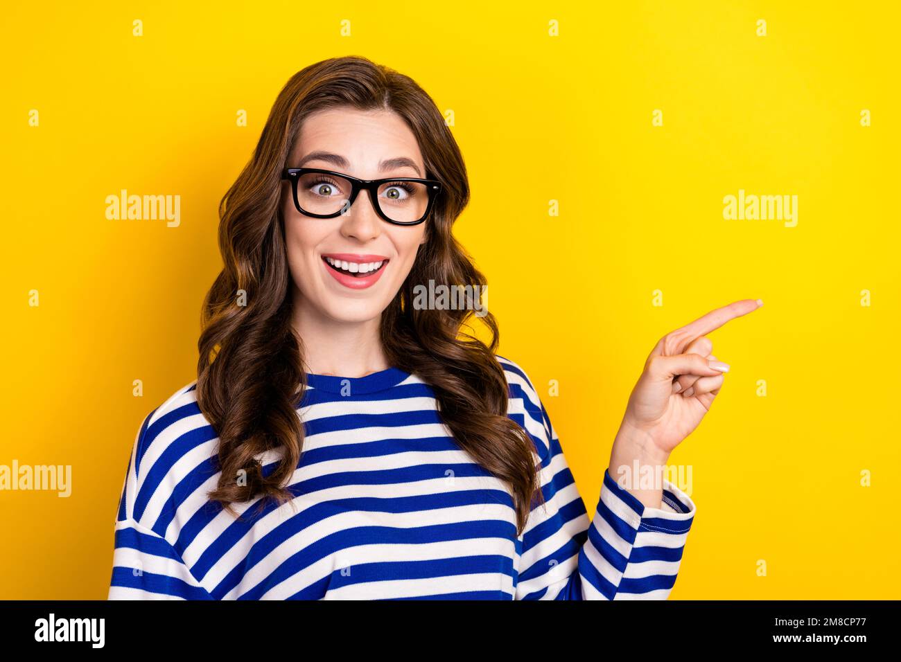 Photo of young positive excited businesswoman wear striped shirt direct ...