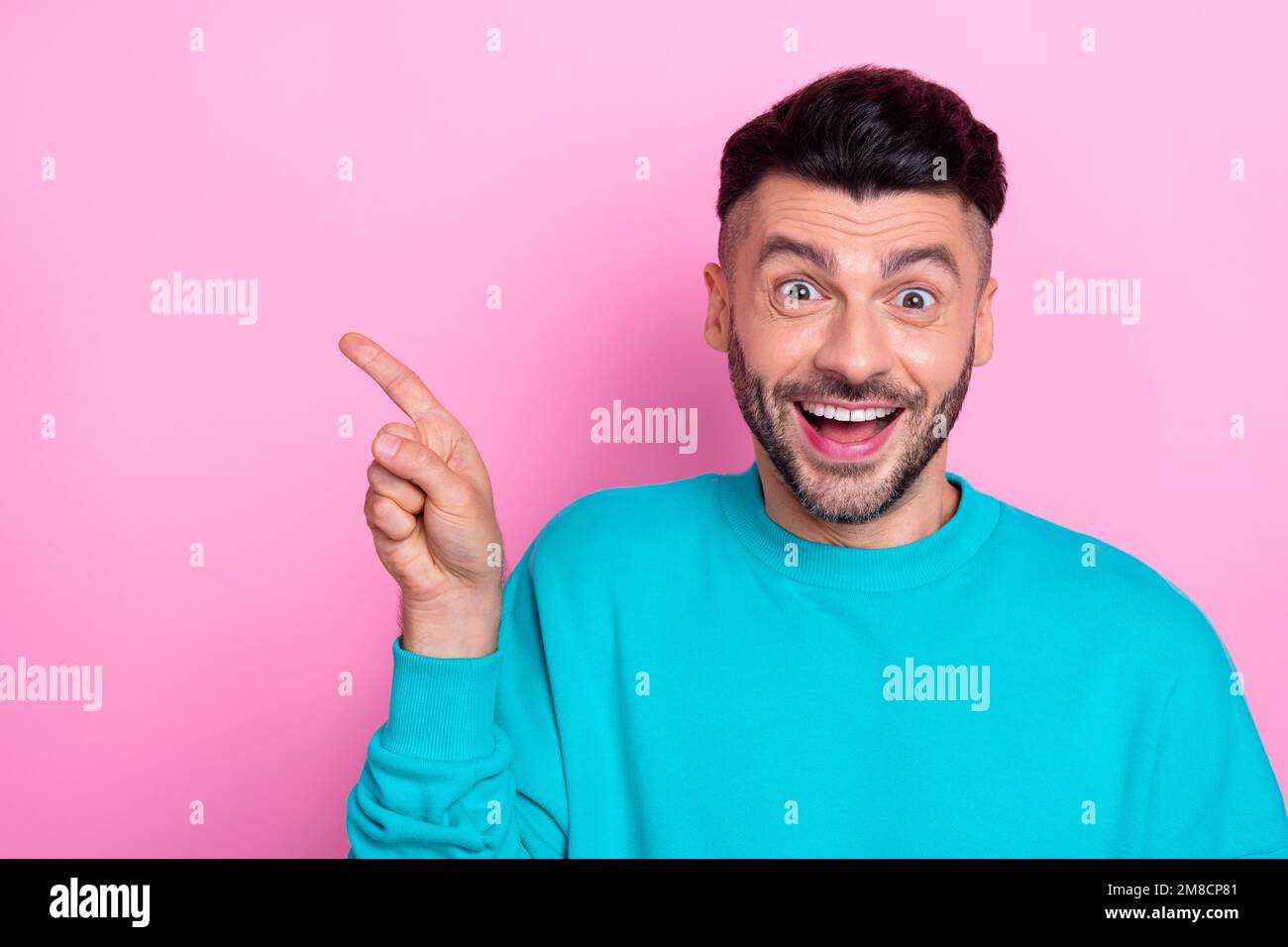 Photo of young promoter student guy wear stylish blue pullover direct ...