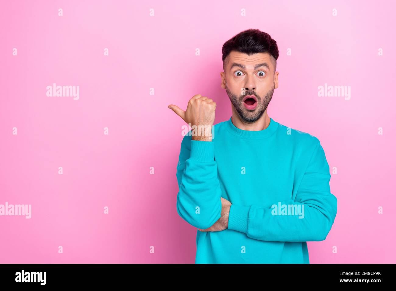 Photo of young funny brunet hair man shocked surprise black friday ...