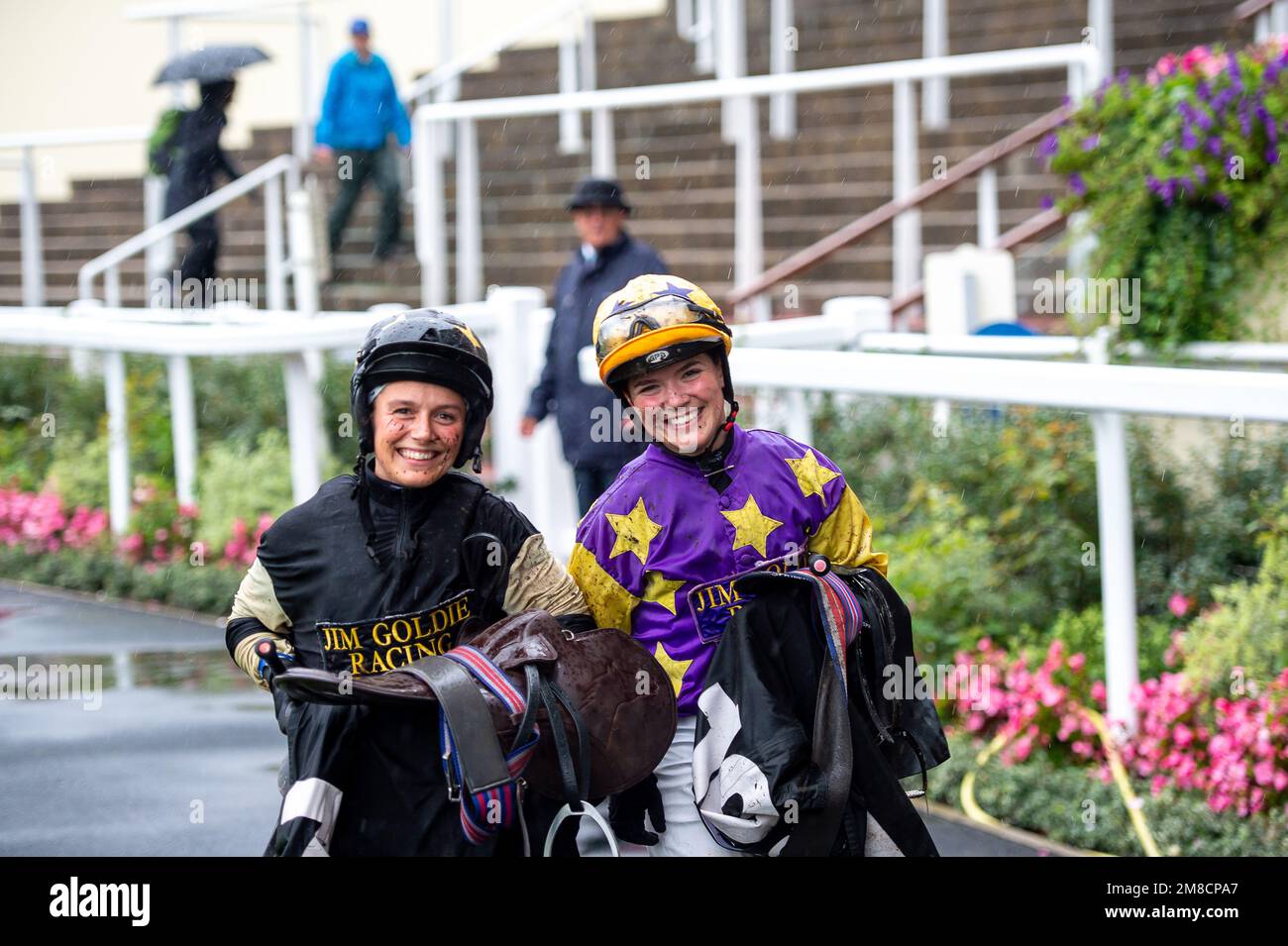 Ascot, Berkshire, UK. 2nd October, 2021. Jockeys Amie Waugh (L) and ...